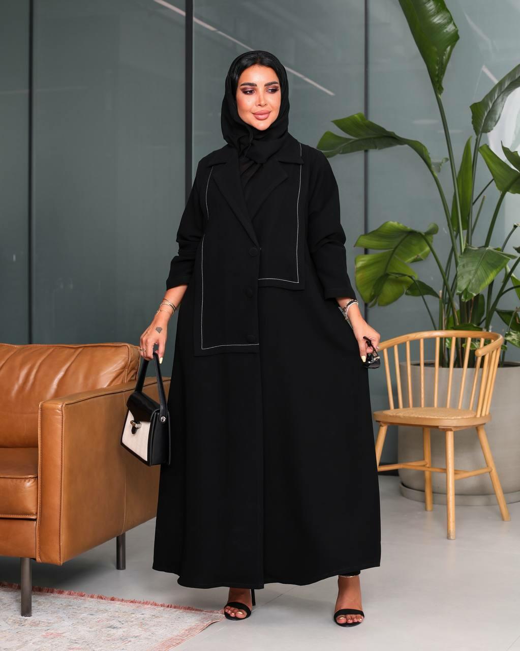 Abaya Islamiya Black Crepe Blazer Abaya With White Stitching On The Front abaya-islamiya-black-crepe-blazer-abaya-with-white-stitching-on-the-front